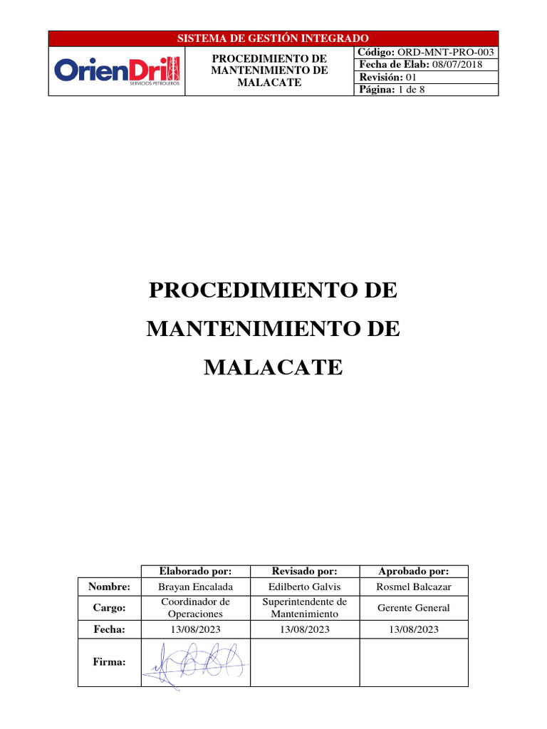 Ord-Mnt-Pro-003 - Procedimiento de Mantenimiento de Malacate | PDF | Ingeniería mecánica