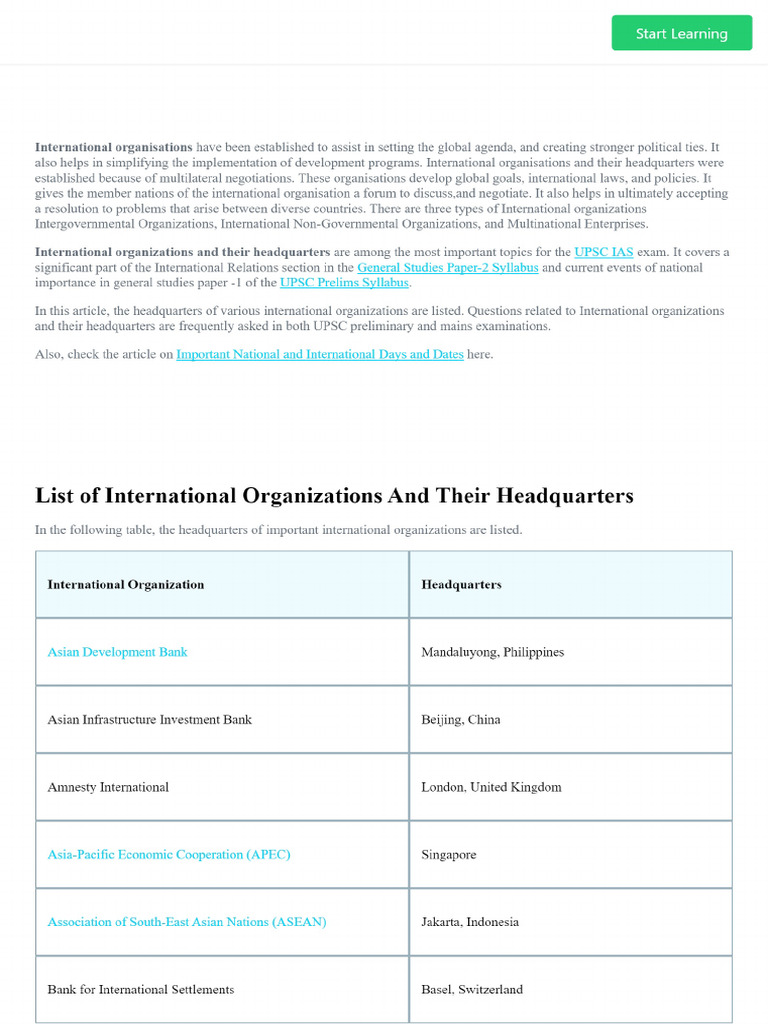 International Organizations and Their Headquarters Details | PDF