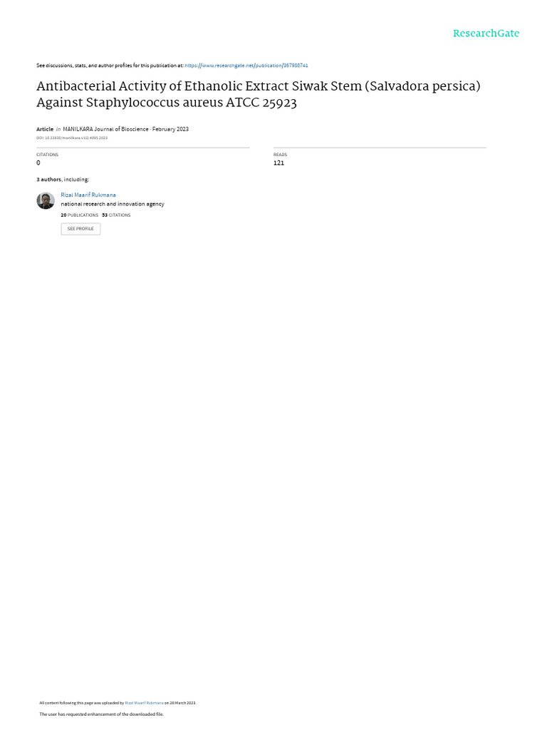 (REF7) Antibacterial Activity of Ethanolic Extract Siwak Stem | PDF | Staphylococcus | Dimethyl ...