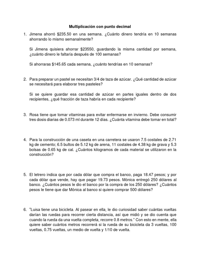 Multiplicación con punto decimal | PDF
