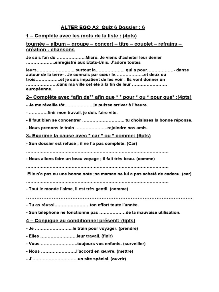 Quiz de Grammaire et Vocabulaire A2 | PDF