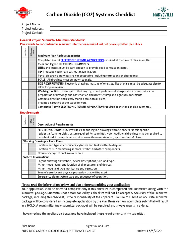 CO2 Systems Checklist for Permit Submittal | PDF | Drawing | Carbon Dioxide