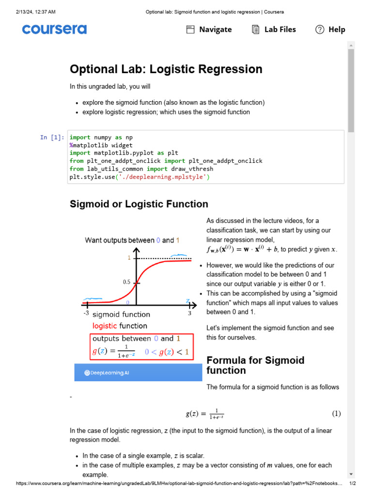 Optional Lab - Sigmoid Function and Logistic Regression - Coursera ...