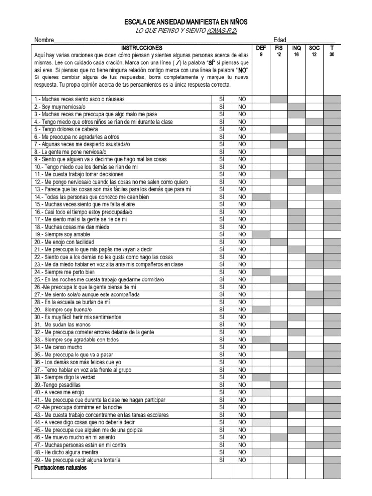 CMAS-R 2 - Escala de Ansiedad Manifiesta en Niños | PDF