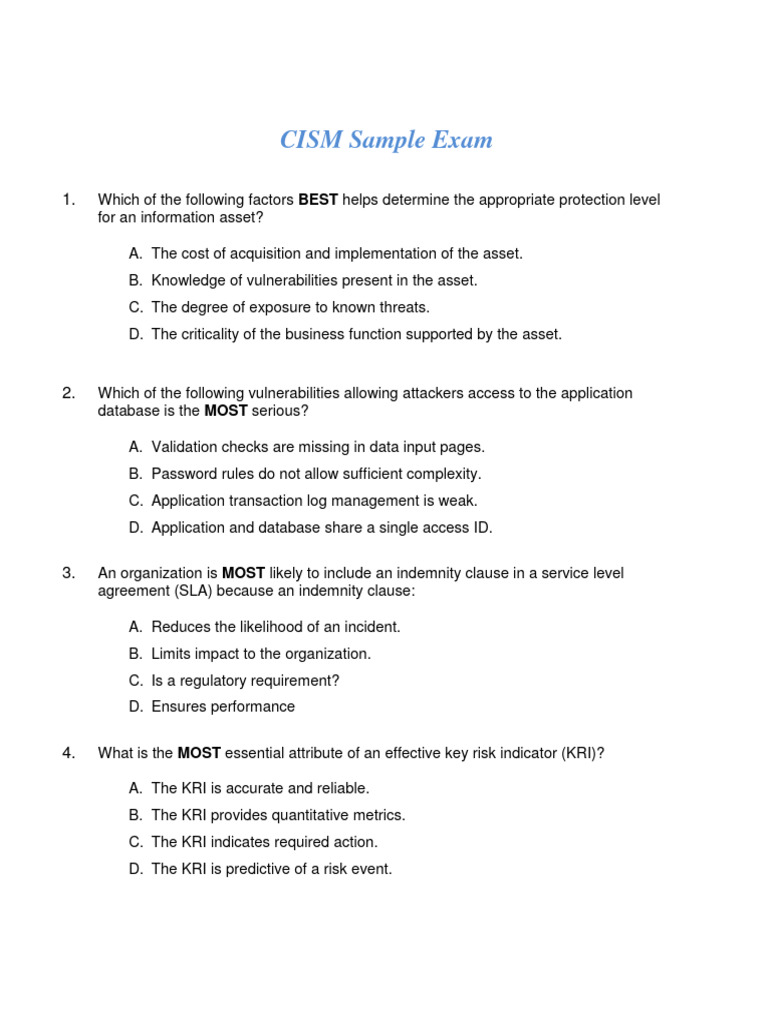 CISM Sample Exam Questions | PDF | Information Security | Security