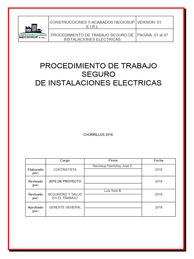 Procedimiento de Instalaciones Electricas Ok | PDF | Enchufes y tomas de corriente alterna | Cambiar