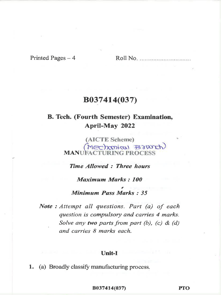 2022-Apr-May Manufacturing Process - (AICTE) | PDF