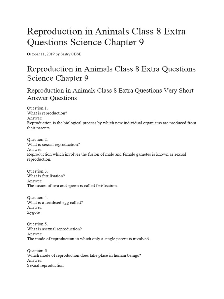 Reproduction in Animals Class 8 Extra Questions Science Chapter 9 | Download Free PDF ...