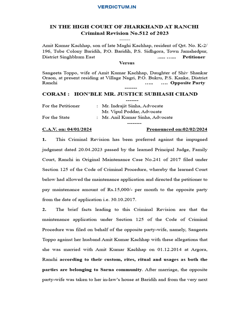 Maintenance Order of Jharkhand High Court | PDF | Judgment (Law ...