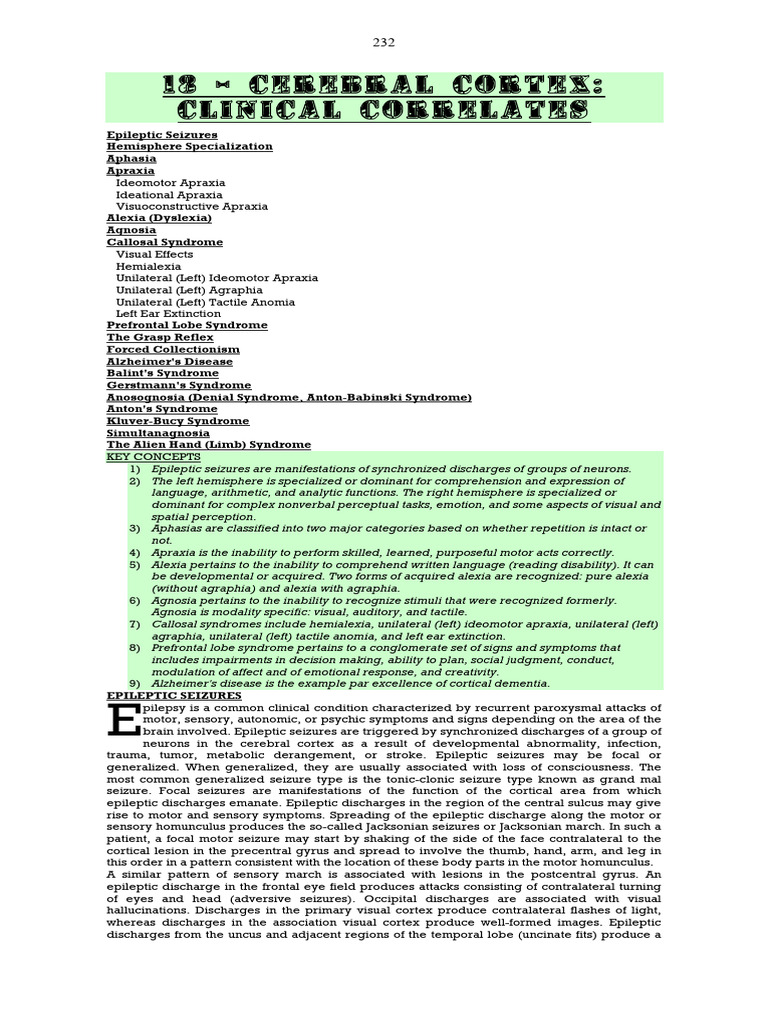 The Cerebral Cortex - Clinical Correlates | PDF | Aphasia | Speech