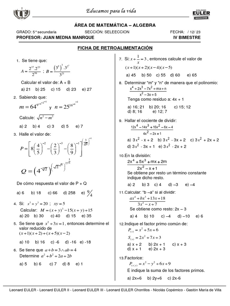 Algebra-Seleccion Retroalimentacion | PDF | Matemáticas | Álgebra abstracta
