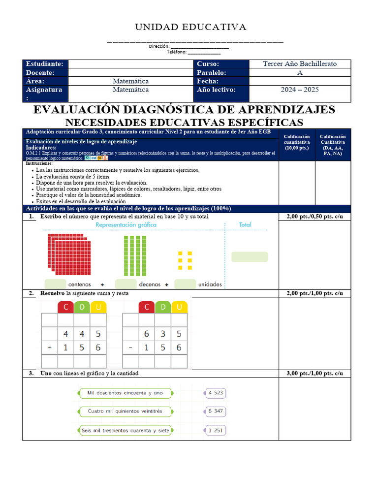 Eval Diagnóstica de Aprendizajes Nee 3ro Bgu Mat - 2024-2025 | PDF | Cognición | Evaluación