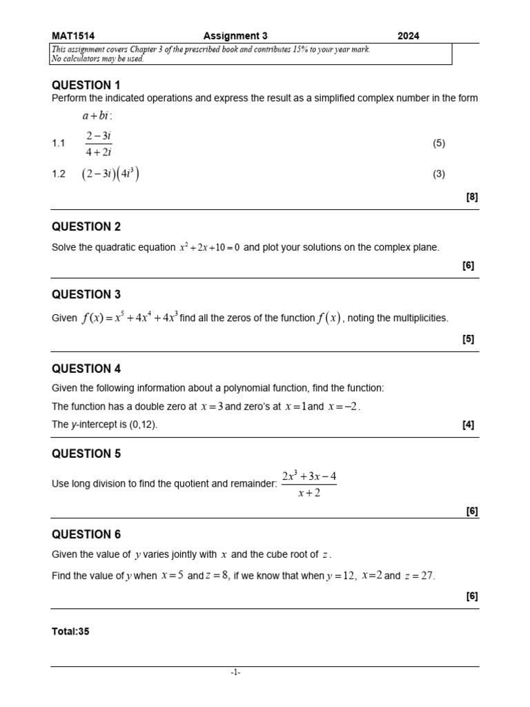 MAT1514 Assignment 3: Complex Numbers & Polynomials | PDF