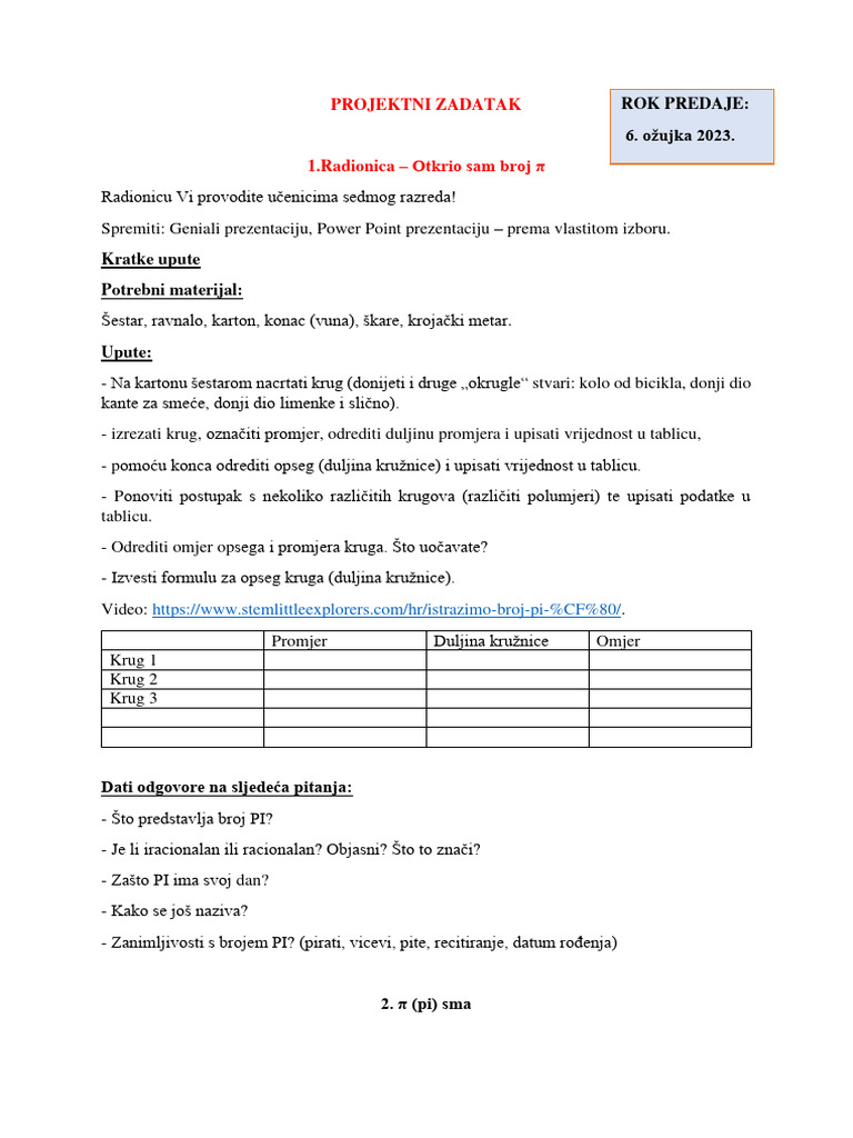 PROJEKTNI ZADATAK - 8. razred | PDF