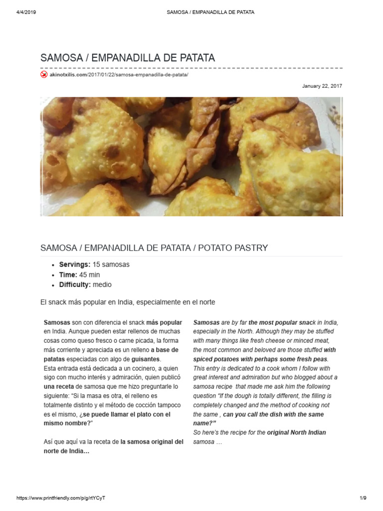Receta de Samosas de Patata Indianas | PDF | Alimentos | Cocina
