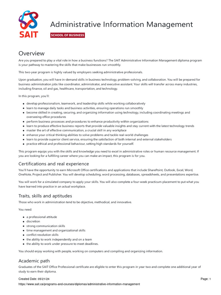 Administrative Information Management Diploma | PDF | Course Credit ...