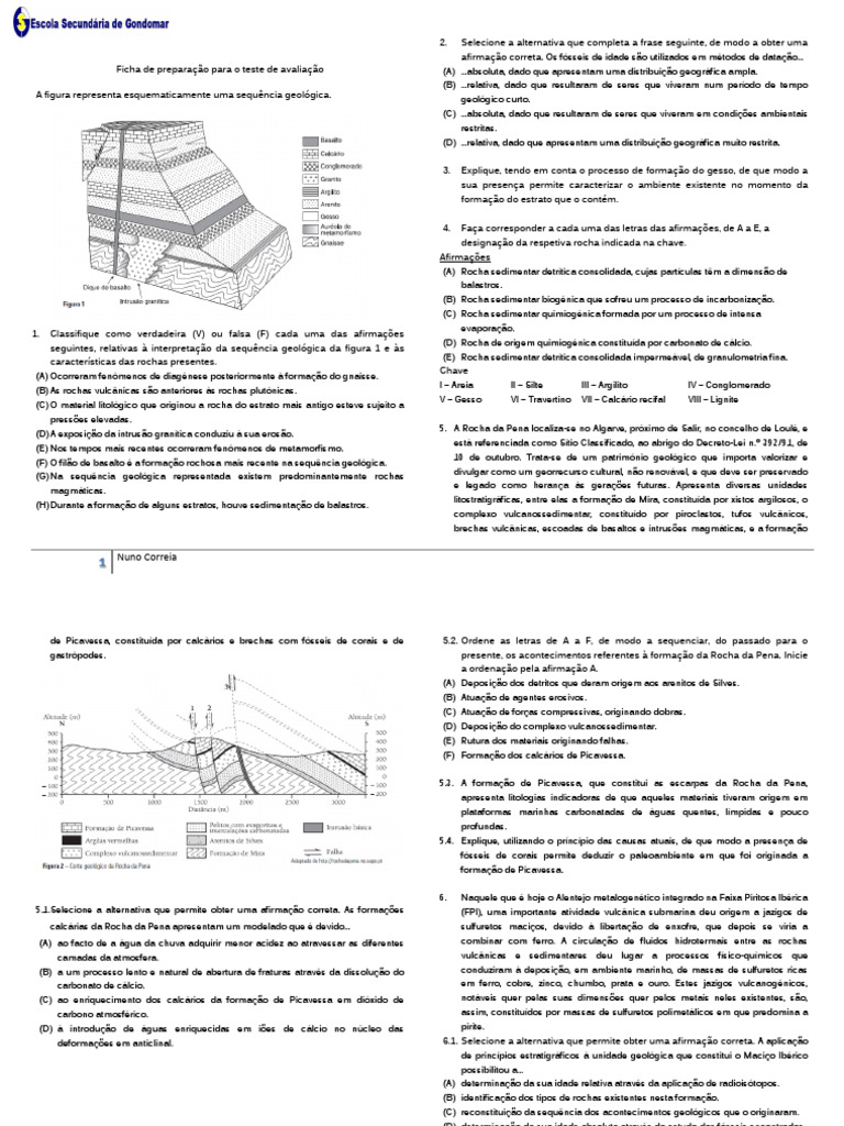 Ficha de Preparação para o Teste de Avaliação | PDF | Rocha sedimentar ...