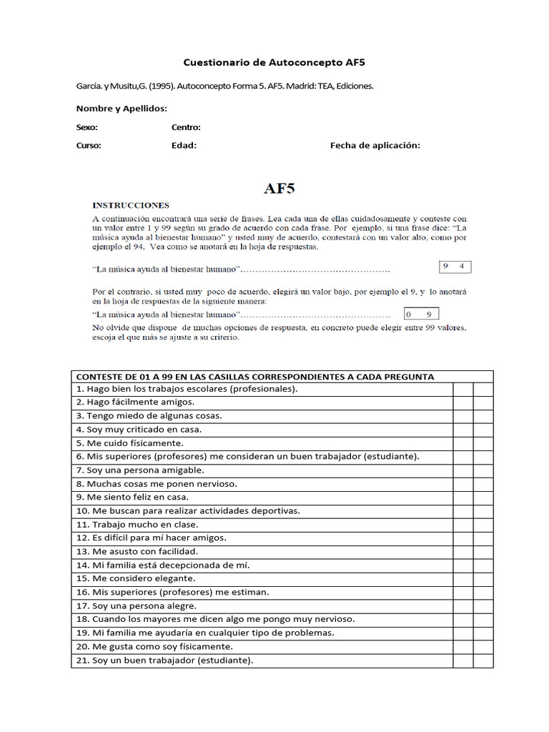 Cuestionario de Autoconcepto AF5 1 | PDF