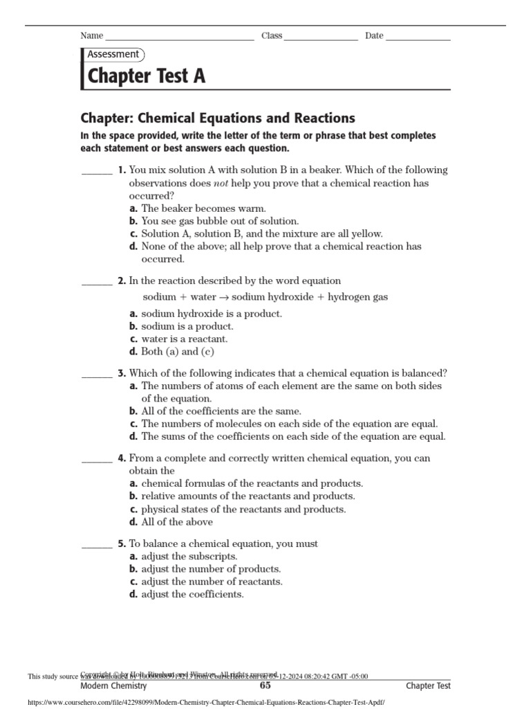 Modern Chemistry Chapter Chemical Equations Reactions Chapter Test a ...