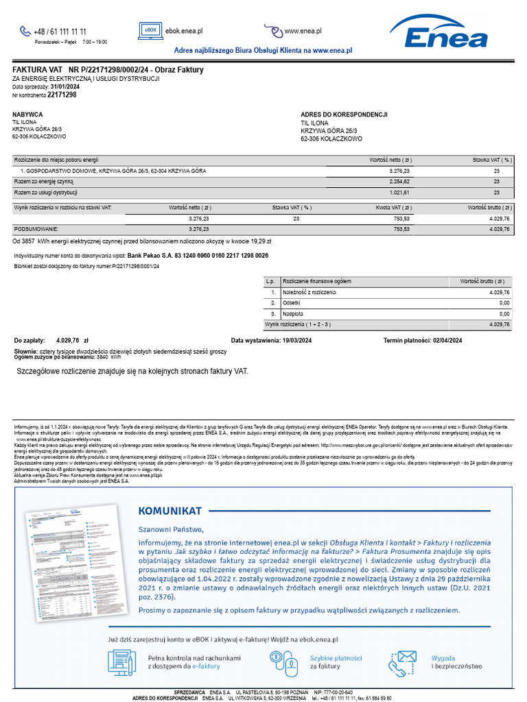 FAKTURA VAT NR P/22171298/0002/24 - Obraz Faktury: Adres Najbliższego Biura Obsługi Klienta Na ...