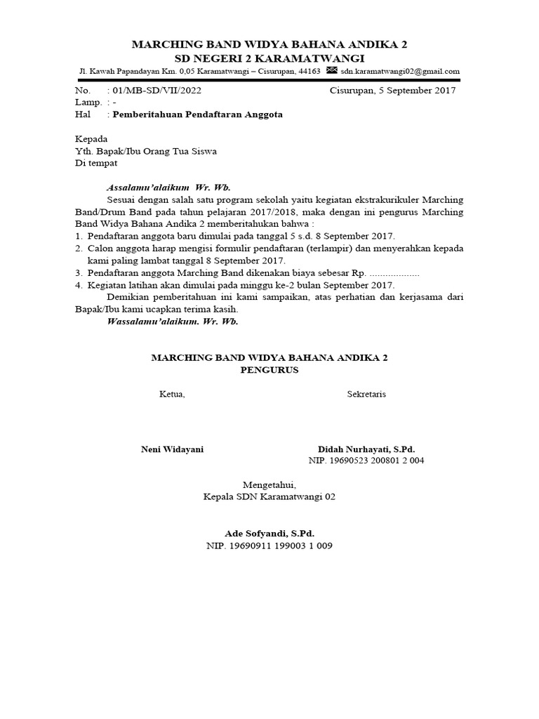 Form Pendaftaran - MARCHING BAND WIDYA BAHANA ANDIKA DUA | PDF