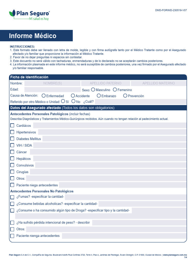 Formato de Informe Médico para Asegurados | PDF | Póliza de seguros ...