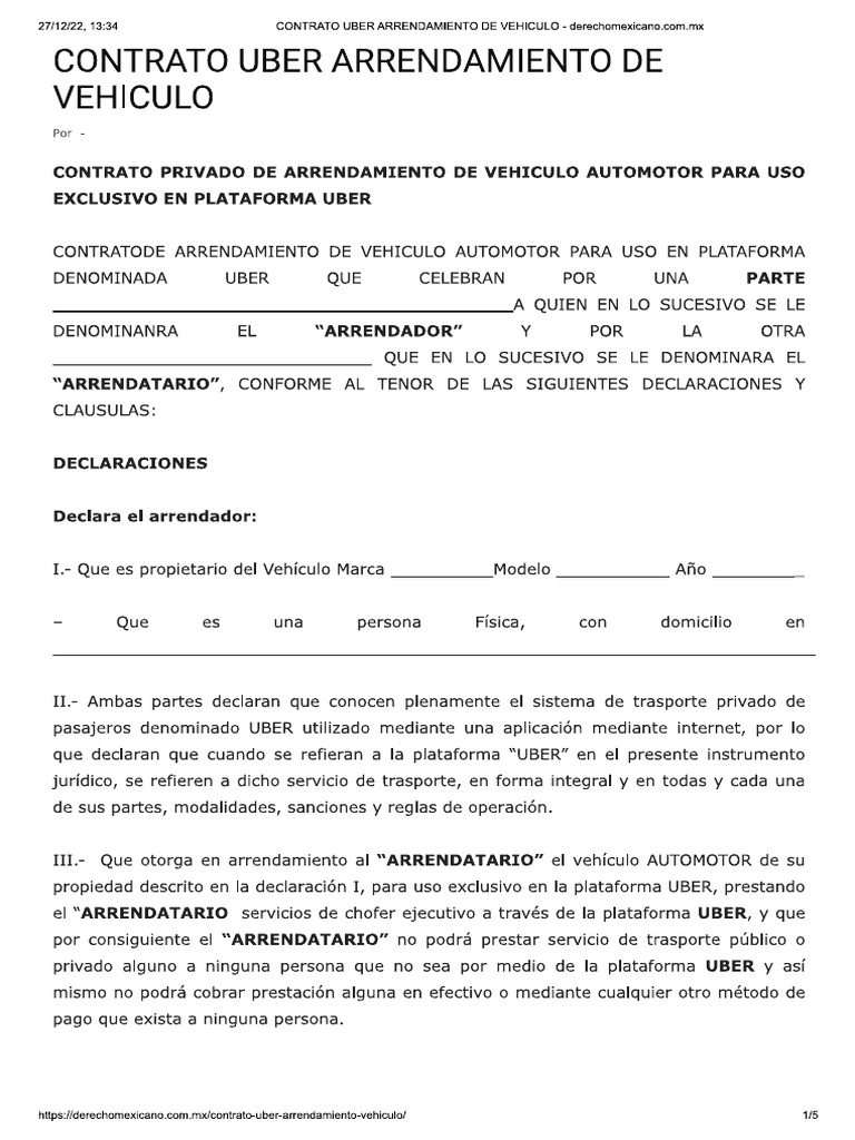 CONTRATO UBER ARRENDAMIENTO DE VEHICULO | PDF