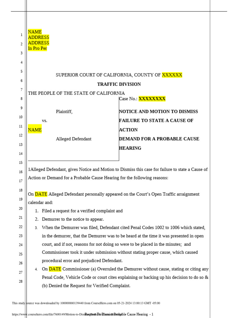 Motion To Dismiss Probable Cause Hearing | PDF | Demurrer | Plea
