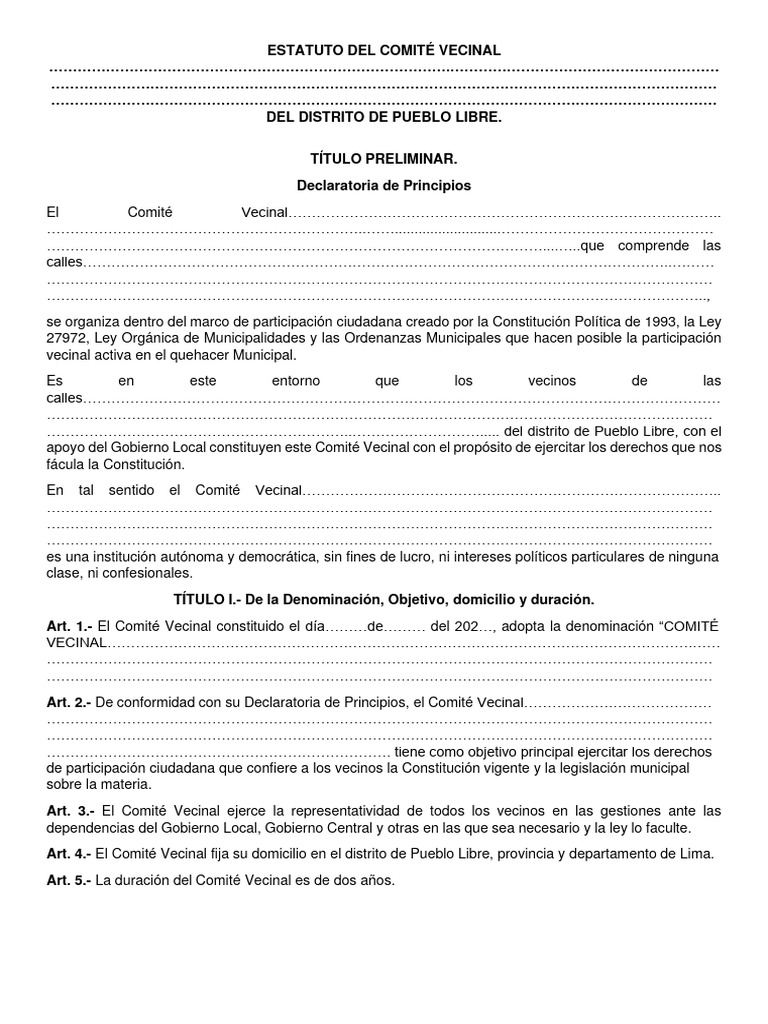 Formato de Organizaciones-Sociales-Estatuto-Del-Comite-Vecinal | PDF | Gobierno local | Defensa ...