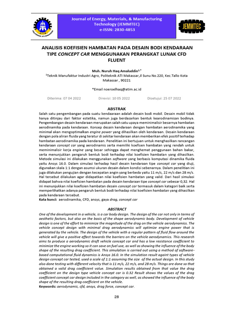Analisis Koefisien Hambatan Pada Desain Bodi Kendaraan Tipe Concept Car Menggunakan Perangkat ...