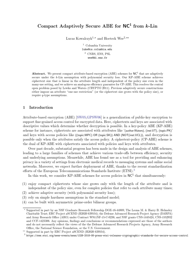 Compact Adaptively Secure ABE For NC1 From K-Lin | PDF | Encryption | Cryptography