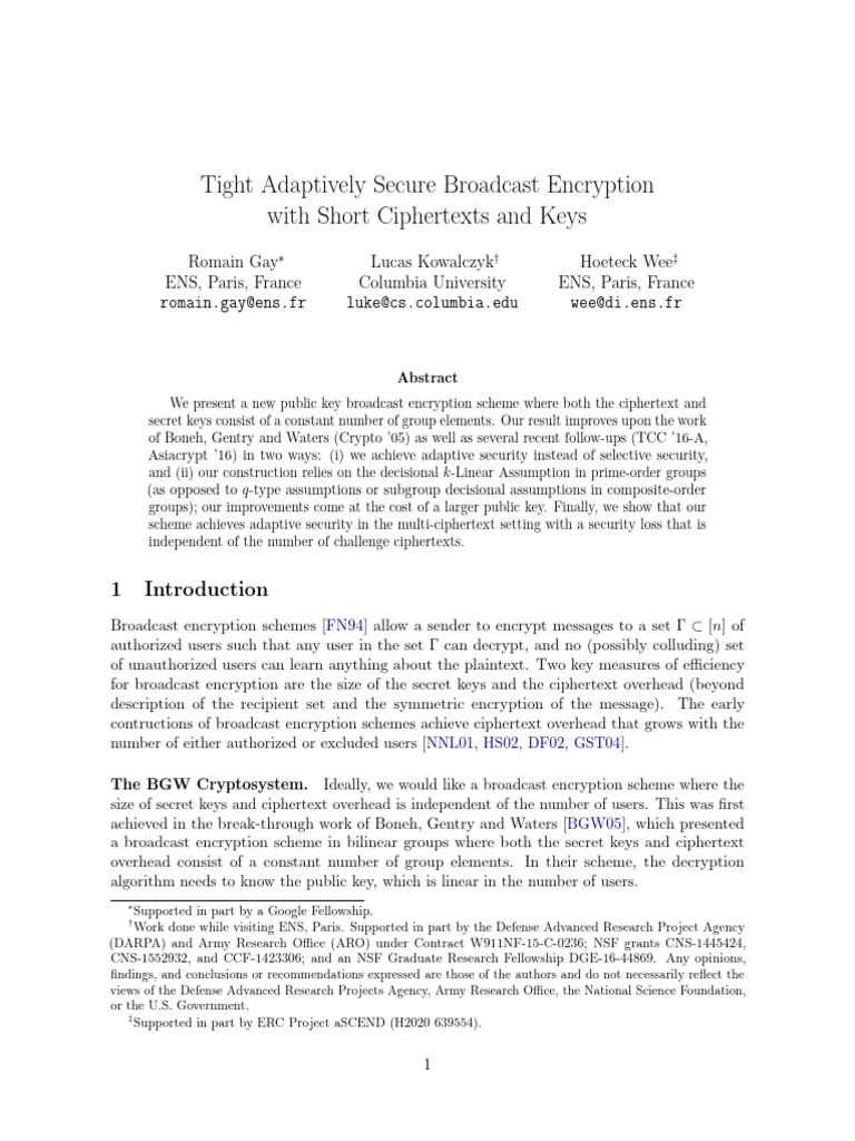 Tight Adaptively Secure Broadcast Encryption With Short Ciphertexts and Keys | PDF | Encryption ...