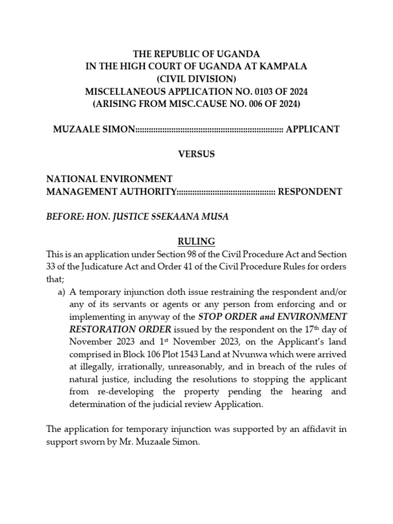 Ruling Muzaale Simon V NEMA | PDF | Injunction | Legal Remedy