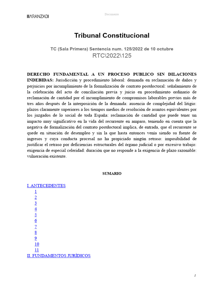 Jur - TC (Sala Primera) Sentencia Num. 125-2022 de 10 Octubre - RTC - 2022 - 125 | PDF ...