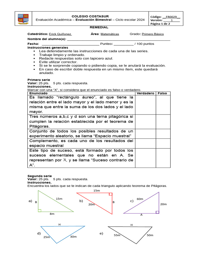 Evaluacion Remedial-1B-Matematicas | PDF | Conceptos matemáticos ...