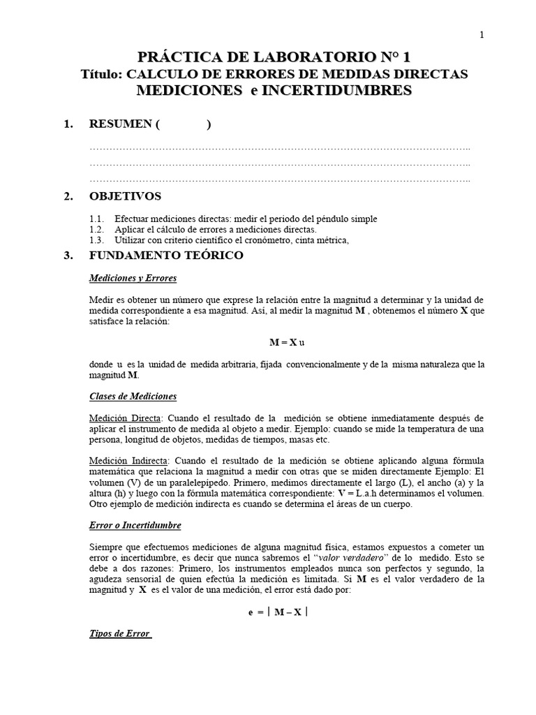 Laboratorio #1 Calculo de Errores de Medidas Directas - Mediciones e Incertidumbre | Descargar ...