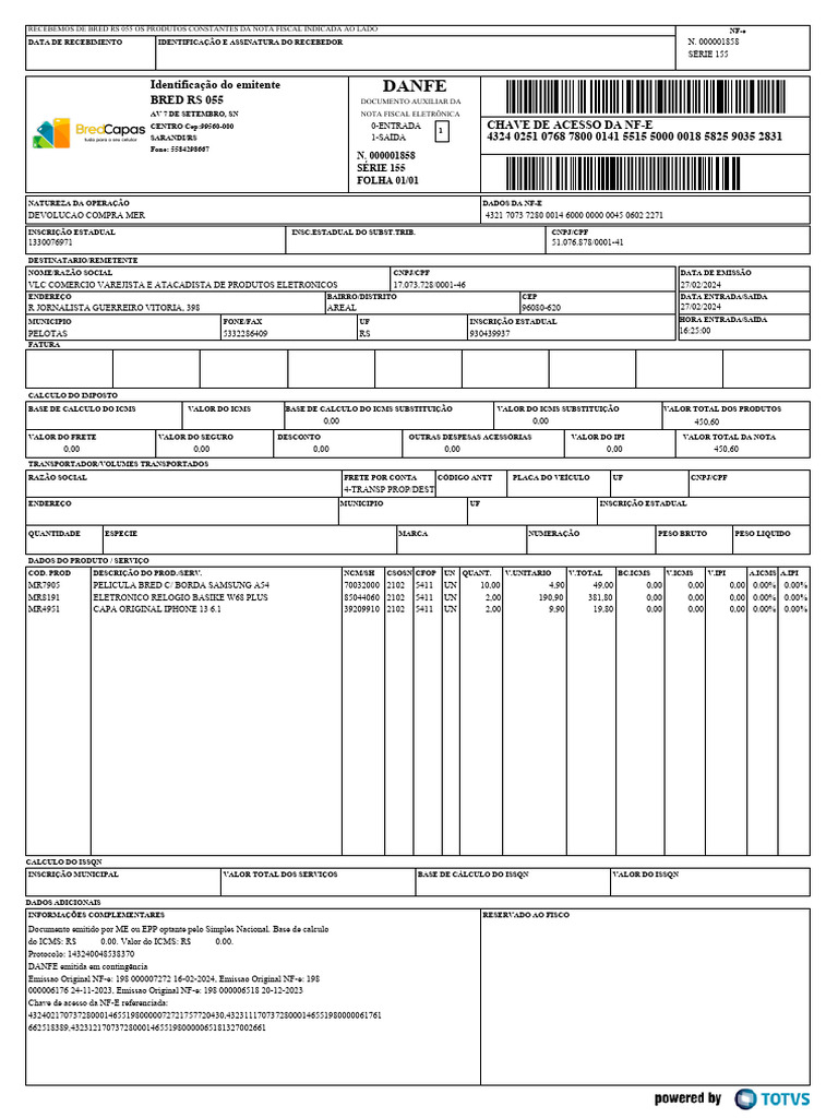 Recebimento de Nota Fiscal BRED RS 055 | PDF | Recibo | Documentos ...