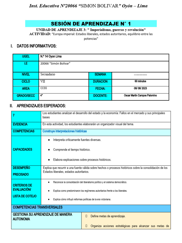 SESION CCSS 4° SEC-SEMANA 01 UNI 3 (1) | PDF | Aprendizaje | Evaluación