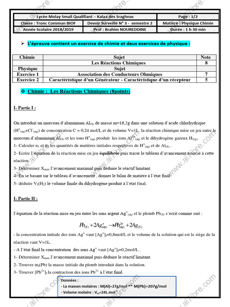Devoir Physique-Chimie Tronc Commun | PDF | Chimie | Résistance ...