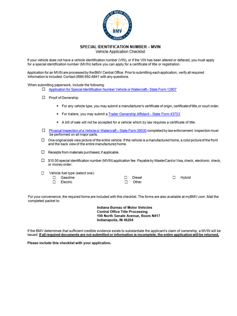 Special ID Number MVIN Vehicle App Packet | PDF | Identity Document ...