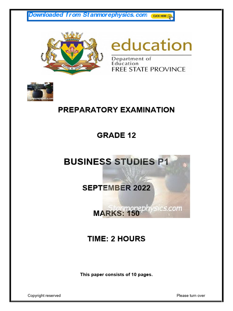 FS Business Studies Grade 12 SEPT 2022 P1 and Memo | Download Free PDF ...
