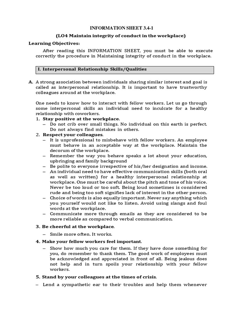 Workplace Integrity and Interpersonal Skills | PDF | Communication ...