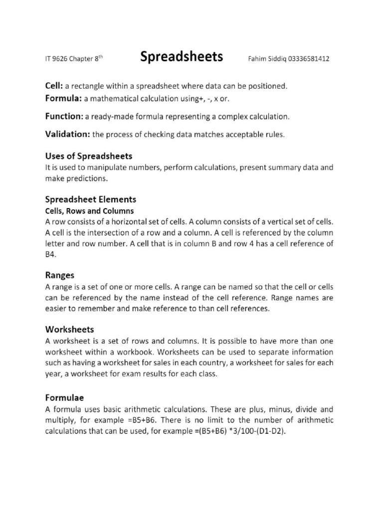 AS & A Level IT 9626 CH 8 Spreadsheets Notes - QualifiedQuest | PDF