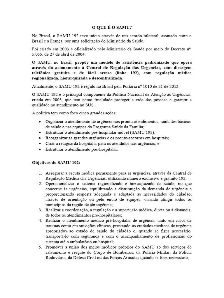 O QUE É O SAMU | PDF | Sistema de saúde