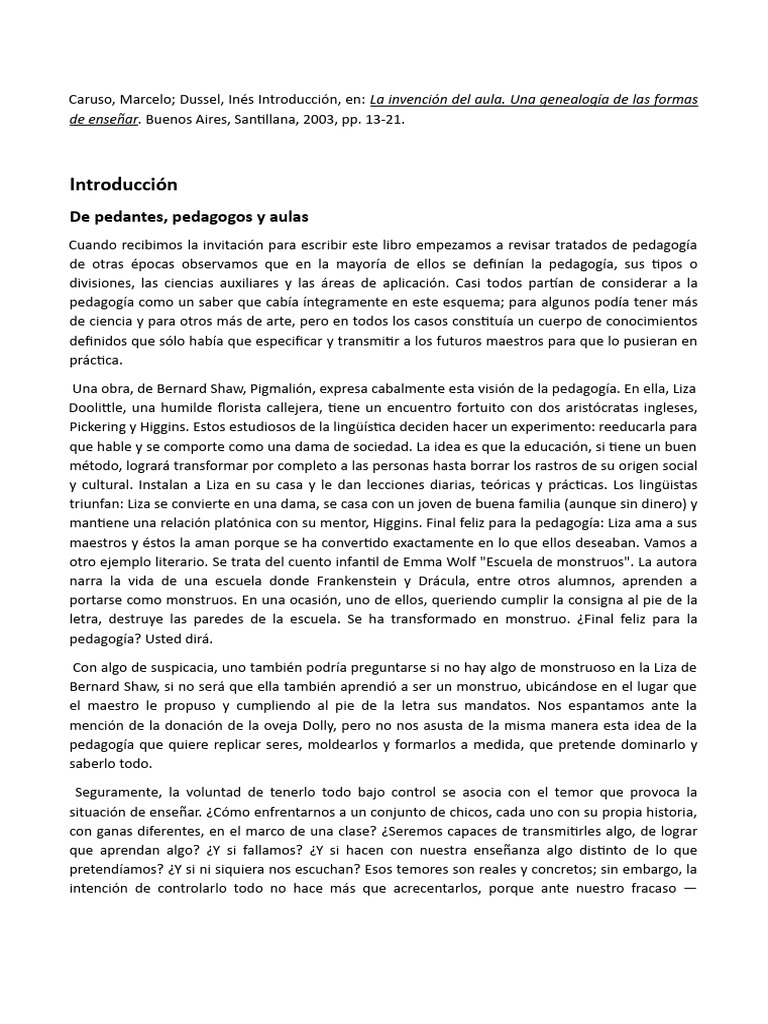 La Invención Del Aula-Dussel y Caruso-Introducción - Docx Pedante Pedagog | PDF | Enseñando ...