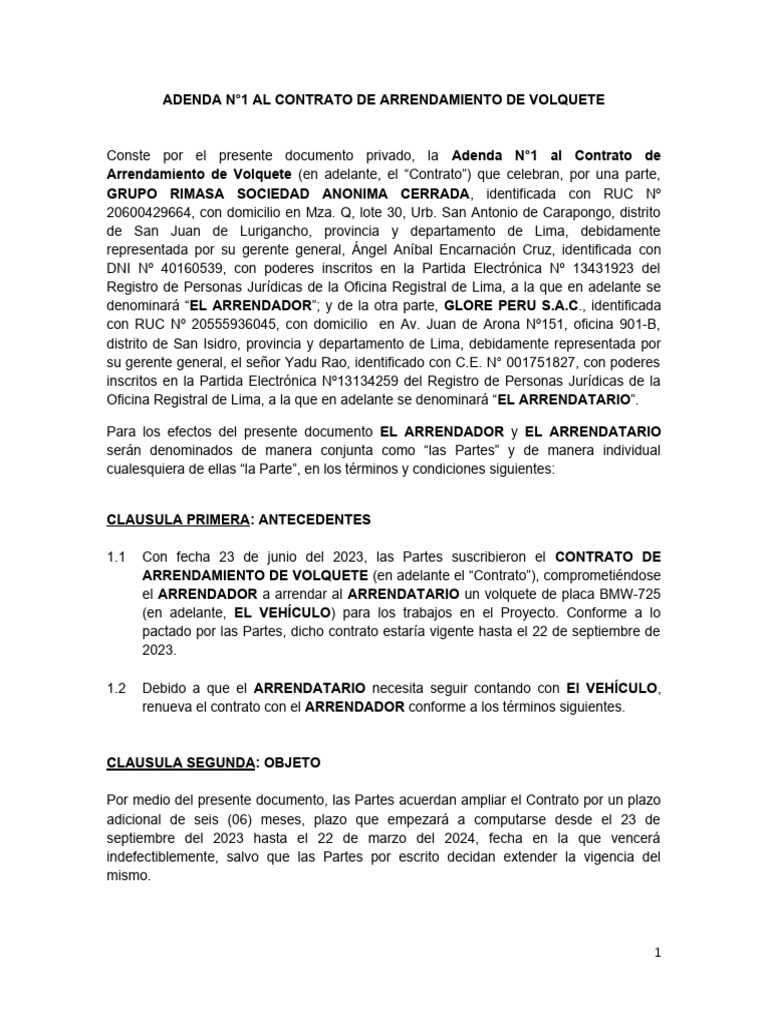 Adenda N 1 Al Contrato de Arrendamiento (Volquete - BMW-725) - Grupo ...