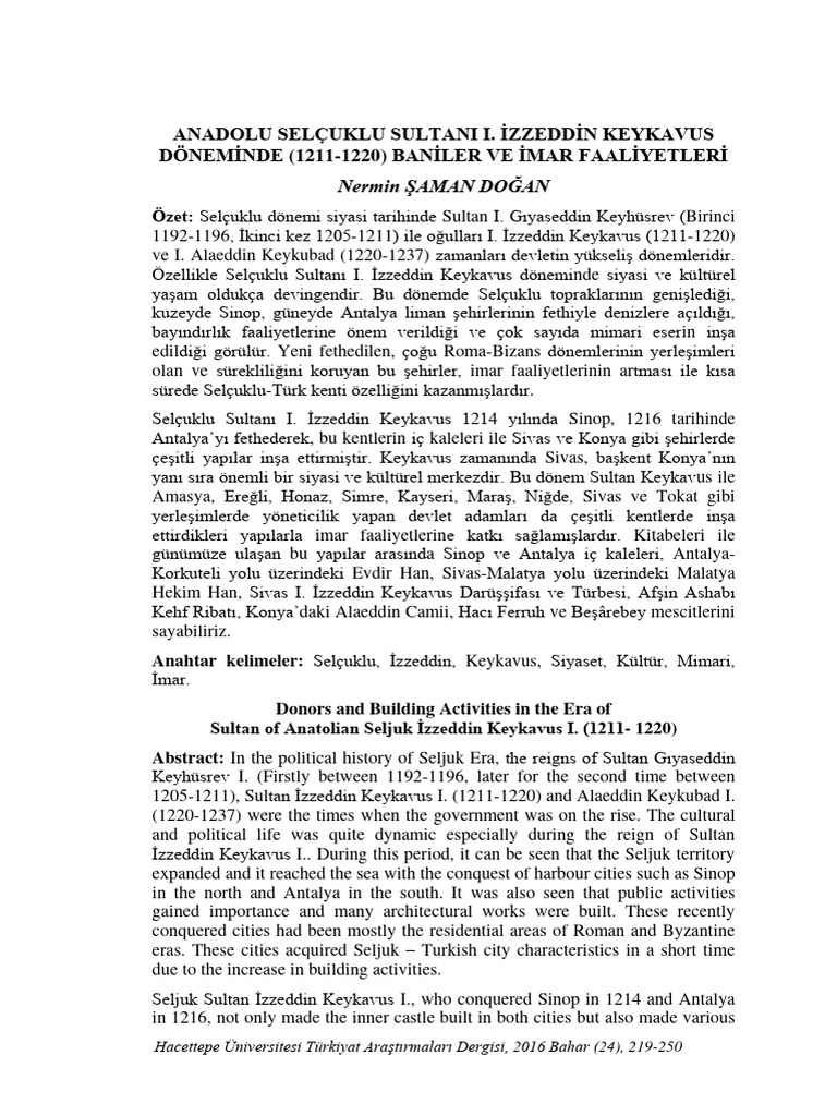 Anadolu Sel - Uklu Sultani I. - Zzedd - N Keykavus D - Nem - Nde (1211-1220) Ban - Ler Ve - Mar ...