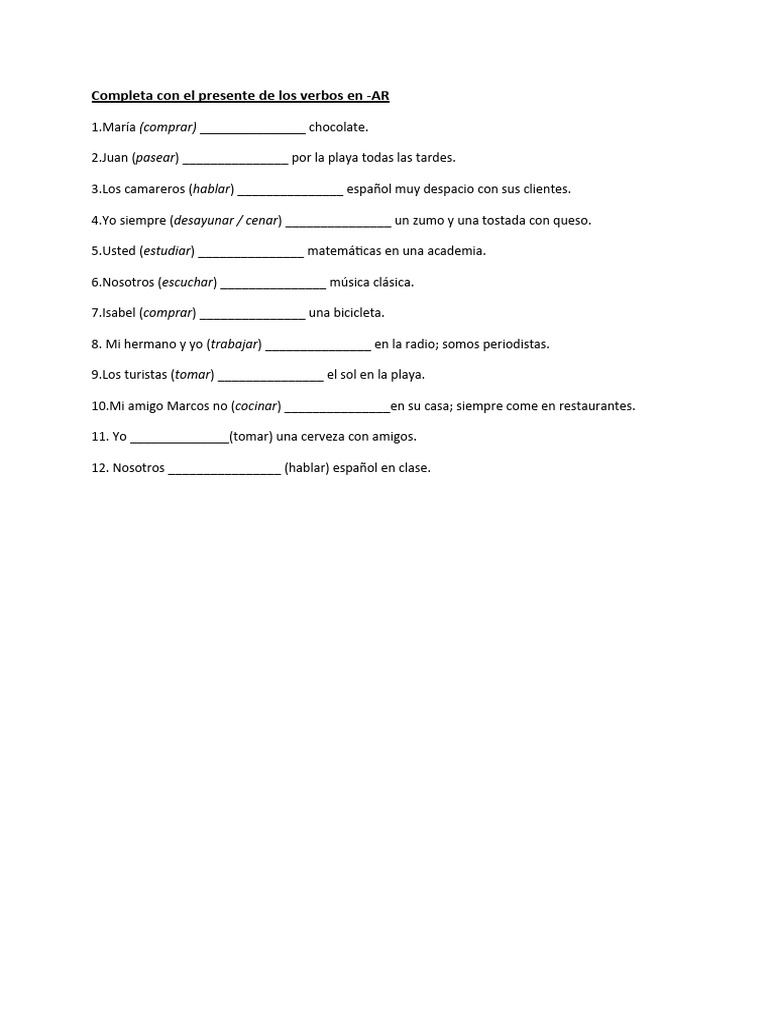 Ejercicios Presente Verbos Regulares en - Ar | PDF | Artes del Lenguaje ...