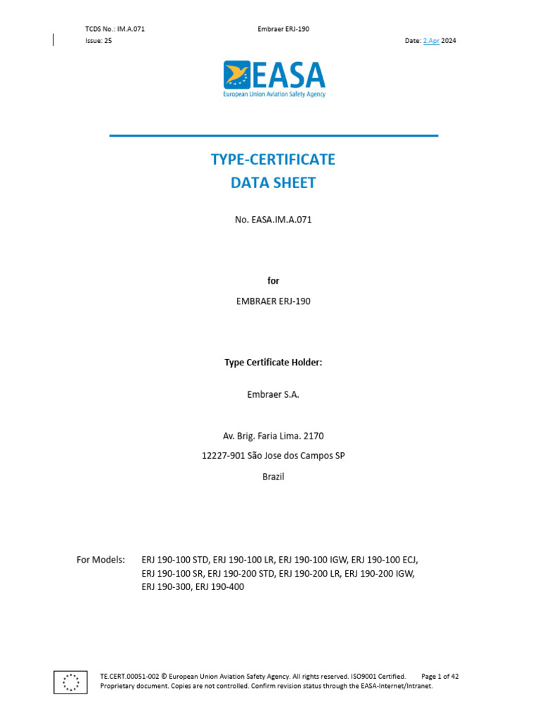 TCDS IM A 071 ERJ 190 Issue-25 2.apr 2024 | PDF | Aviation | Aerospace ...