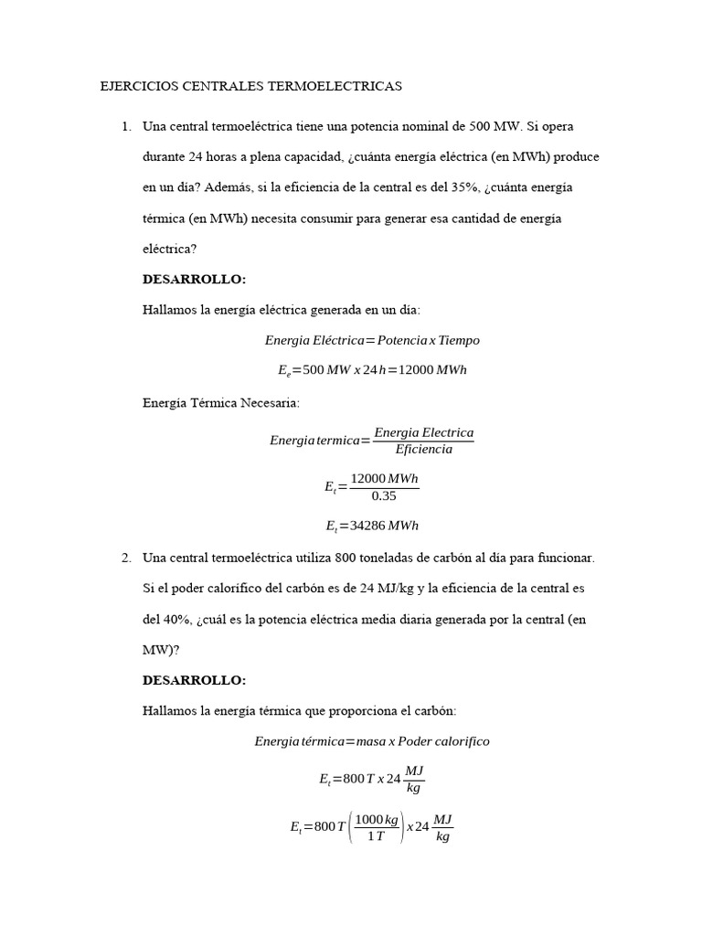 Ejercicios Centrales Termoelectricas | Descargar gratis PDF | Vatio | Energia electrica
